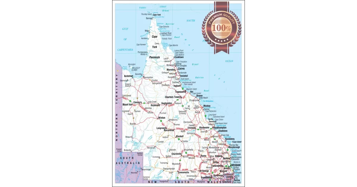 QUEENSLAND STATE ROADS QLD MAP OF AUSTRALIA AUS WALL CHART PRINT ...