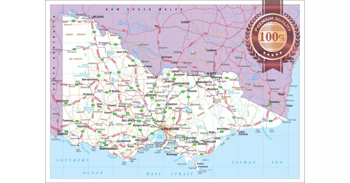 VICTORIA STATE ROADS VIC MAP OF AUSTRALIA AUS WALL CHART PRINT PREMIUM ...