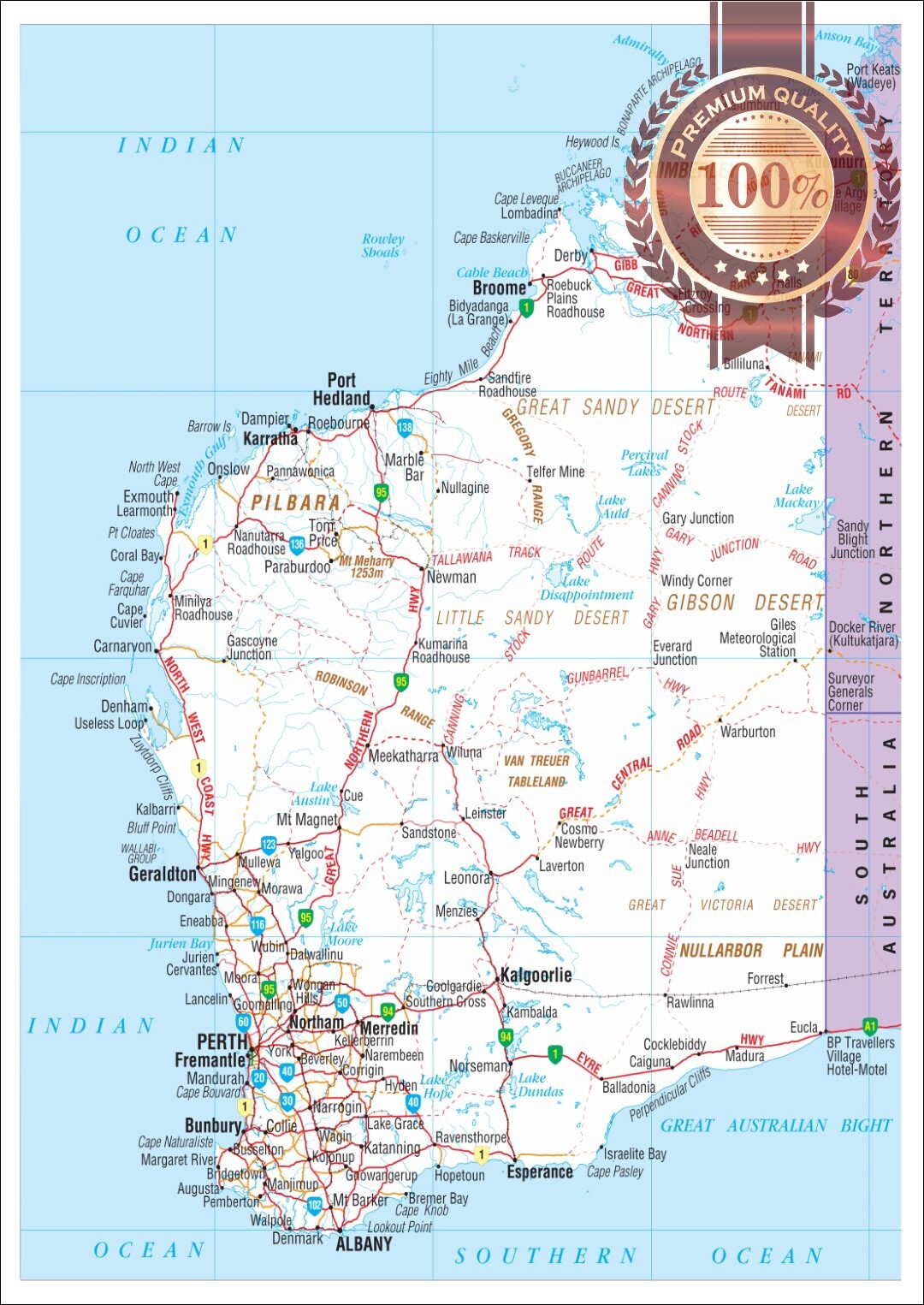WESTERN AUSTRALIA WA STATE ROADS MAP OF AUS WALL CHART PRINT PREMIUM POSTER